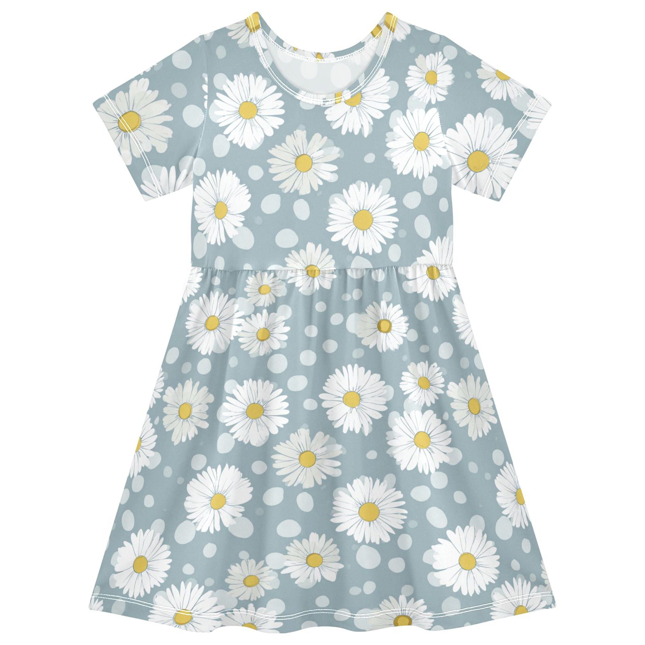Daisy Blue and White Short Sleeve Dress A-Line Cute Midi Casual ...