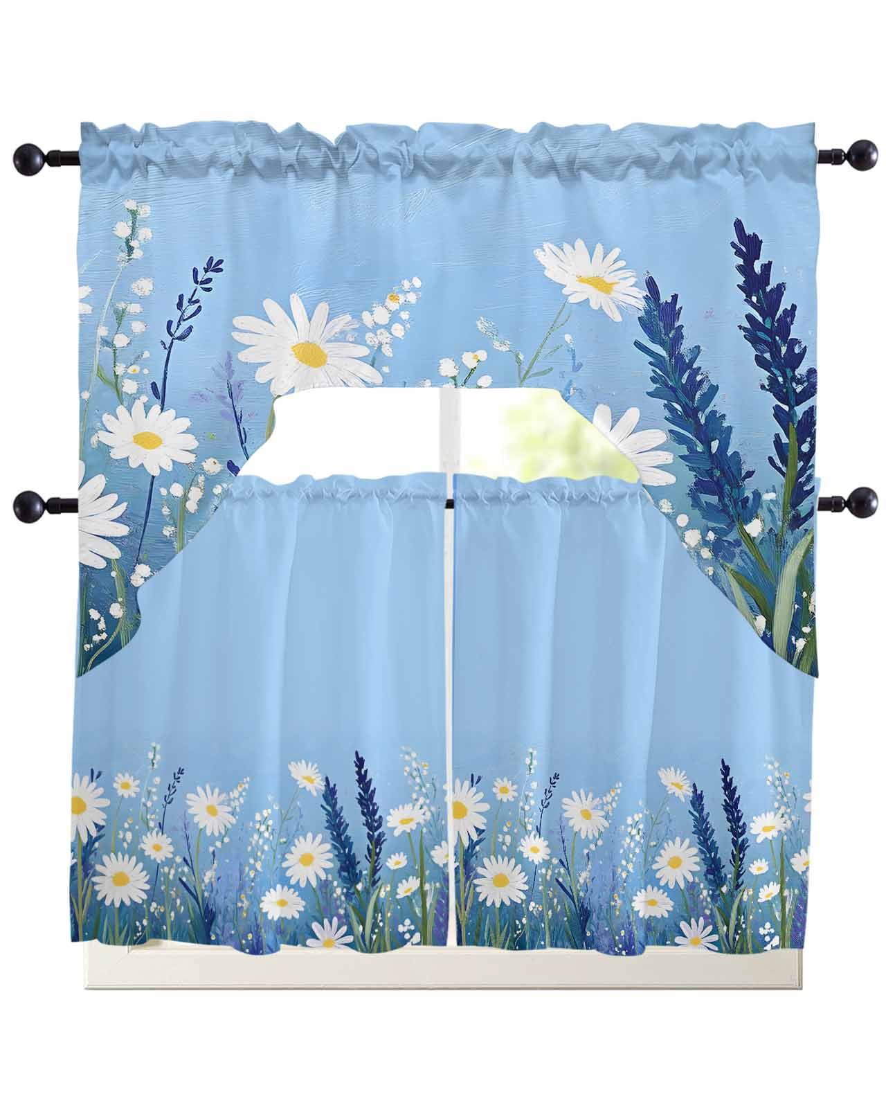 Daisy Botanical Kitchen Curtains Swag Valance and Tier Curtains Set 24 Inch Length, Blue Floral ...