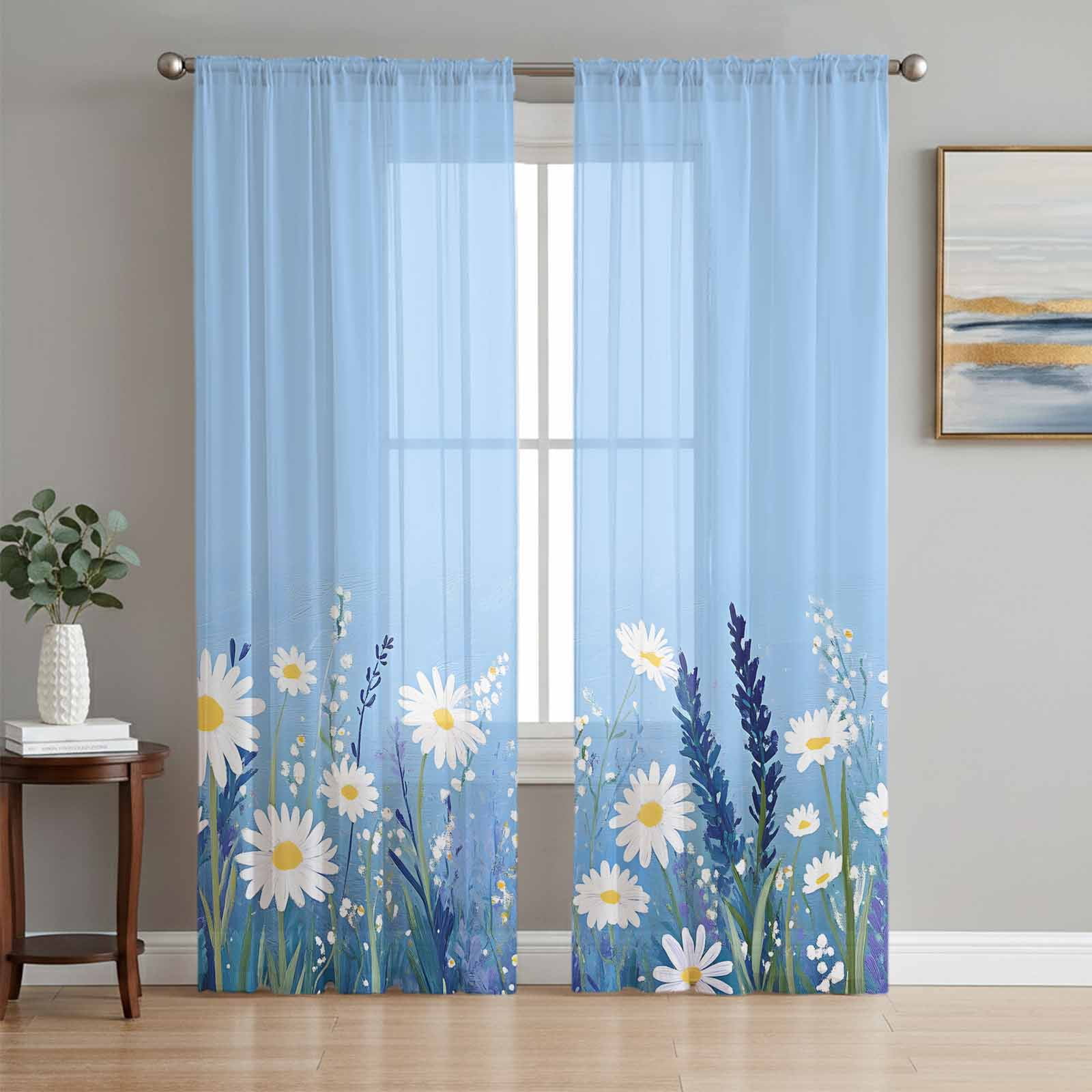 Daisy Botanical Sheer Curtains 96 Inch Length 2 Panels Set, Blue Floral Pastoral Voile Window ...