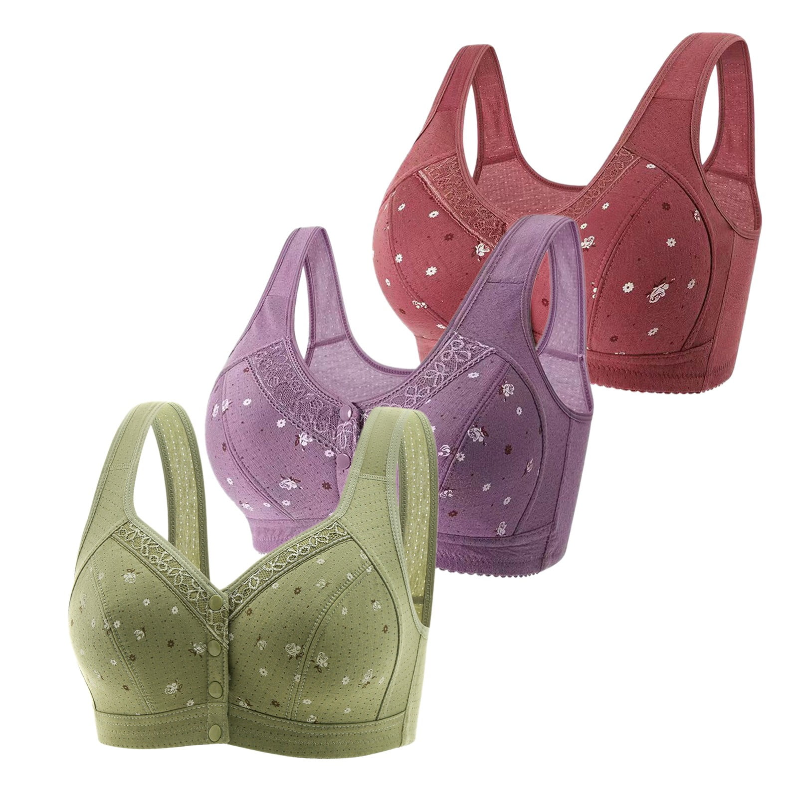 Daisy Bra for Seniors Front Closure Floral Lace Everyday Bras Cotton ...