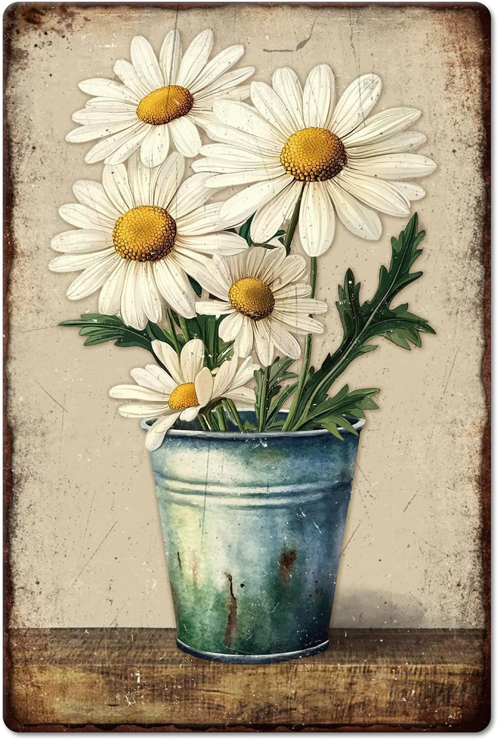 Daisy Bucket Metal Tin Sign Plants Flowers Vintage Painting Tin Signs ...