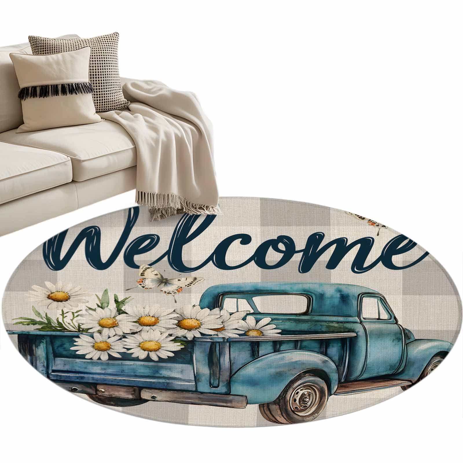 Daisy Butterfly 3ft Area Rug, Blue Floral Truck Pastoral Grey Check ...