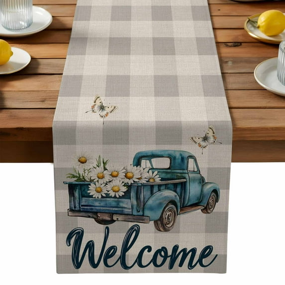 Daisy Butterfly Cotton Linen Table Runner for Dining Kitchen, Blue Floral Truck Pastoral Grey ...