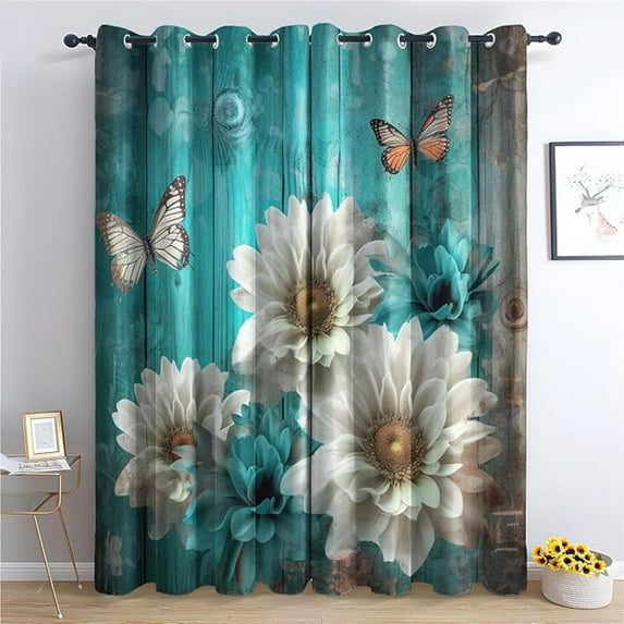 Daisy Butterfly Curtains For Bedroom Living Room, Teal Rustic Wooden ...