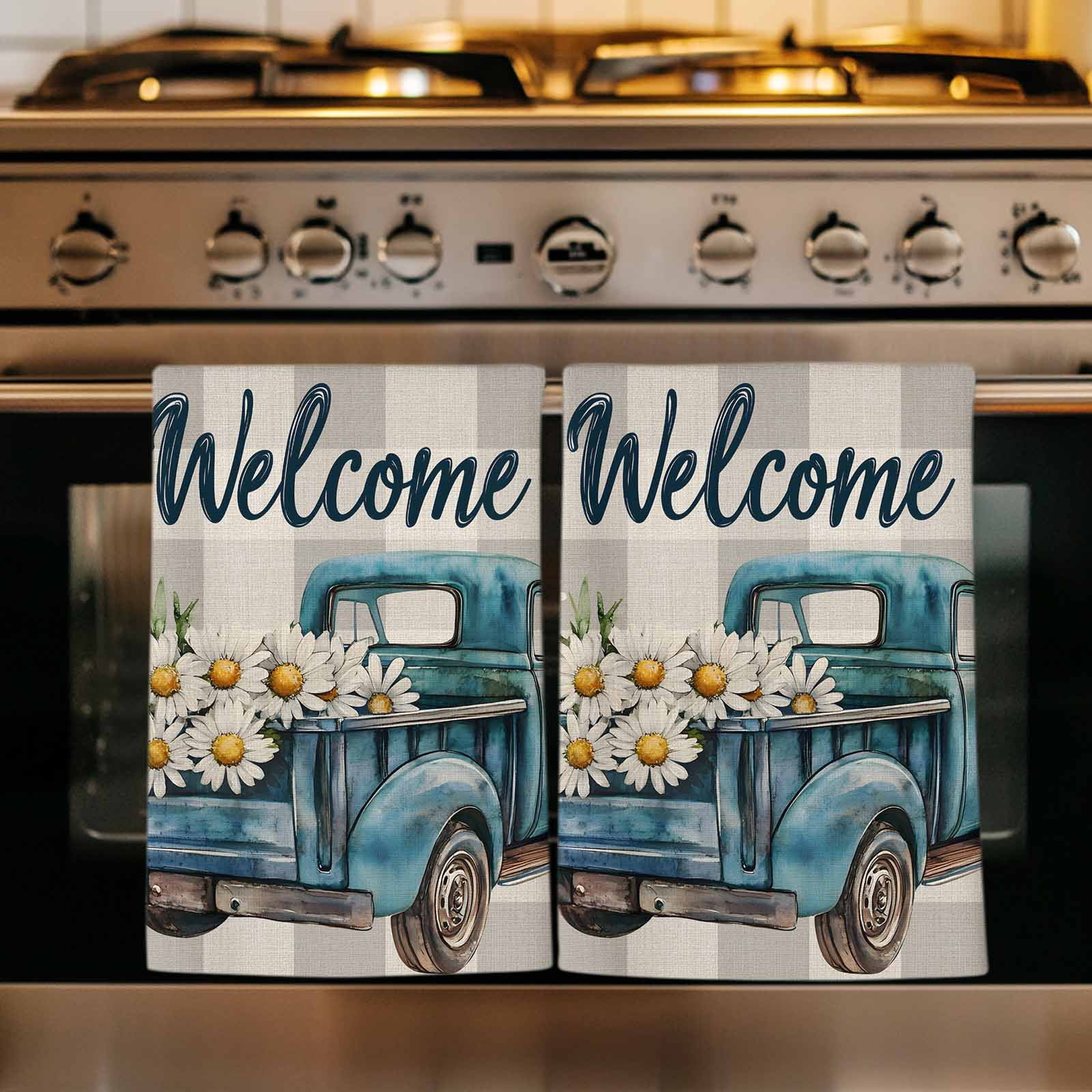 Daisy Butterfly Kitchen Towels Set of 4, Blue Floral Truck Pastoral ...