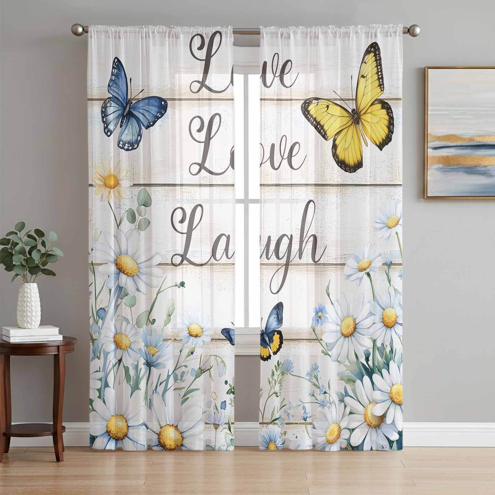 Daisy Butterfly Sheer Curtains 72 Inch Length 2 Panels Set, Farm Flower ...
