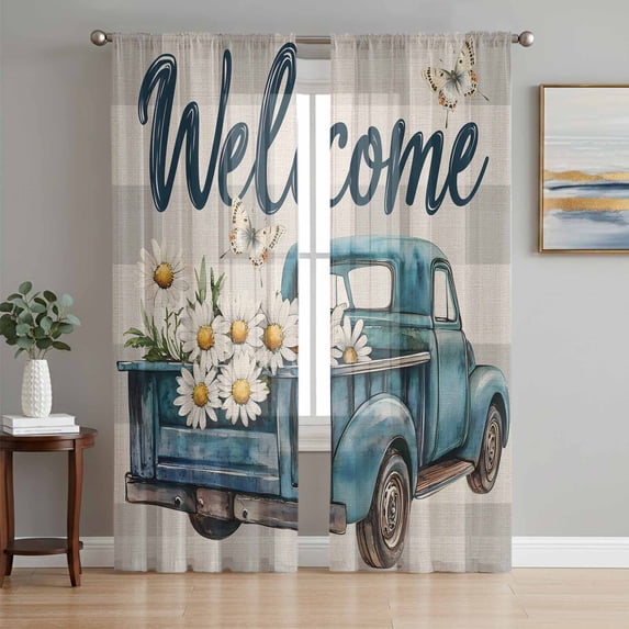 Daisy Butterfly Sheer Curtains 84 Inch Length 2 Panels Set, Blue Floral ...