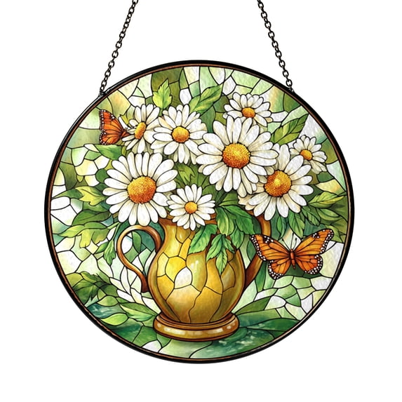 Daisy Butterfly Stained Glass Round Suncatcher – Floral Teacup Window ...