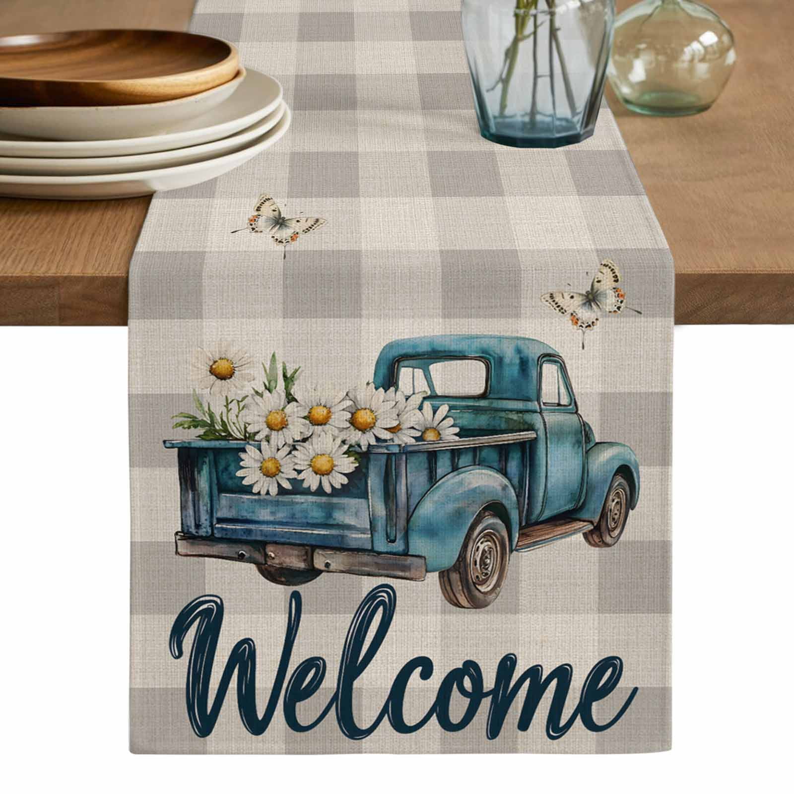 Daisy Butterfly Table Runner, Blue Floral Truck Pastoral Grey Check ...