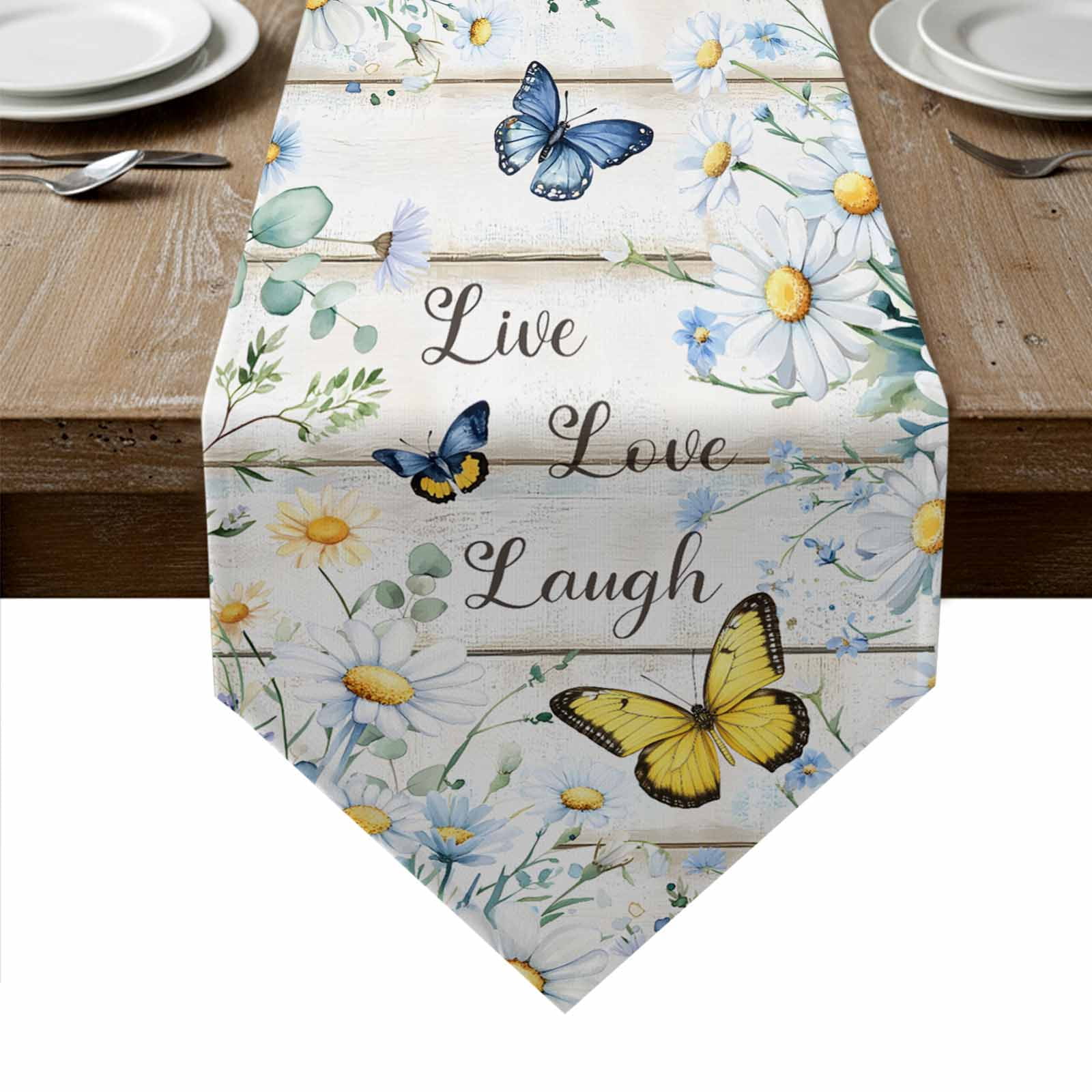 Daisy Butterfly Table Runner Linen Burlap Table Runner 72 Inches Long ...