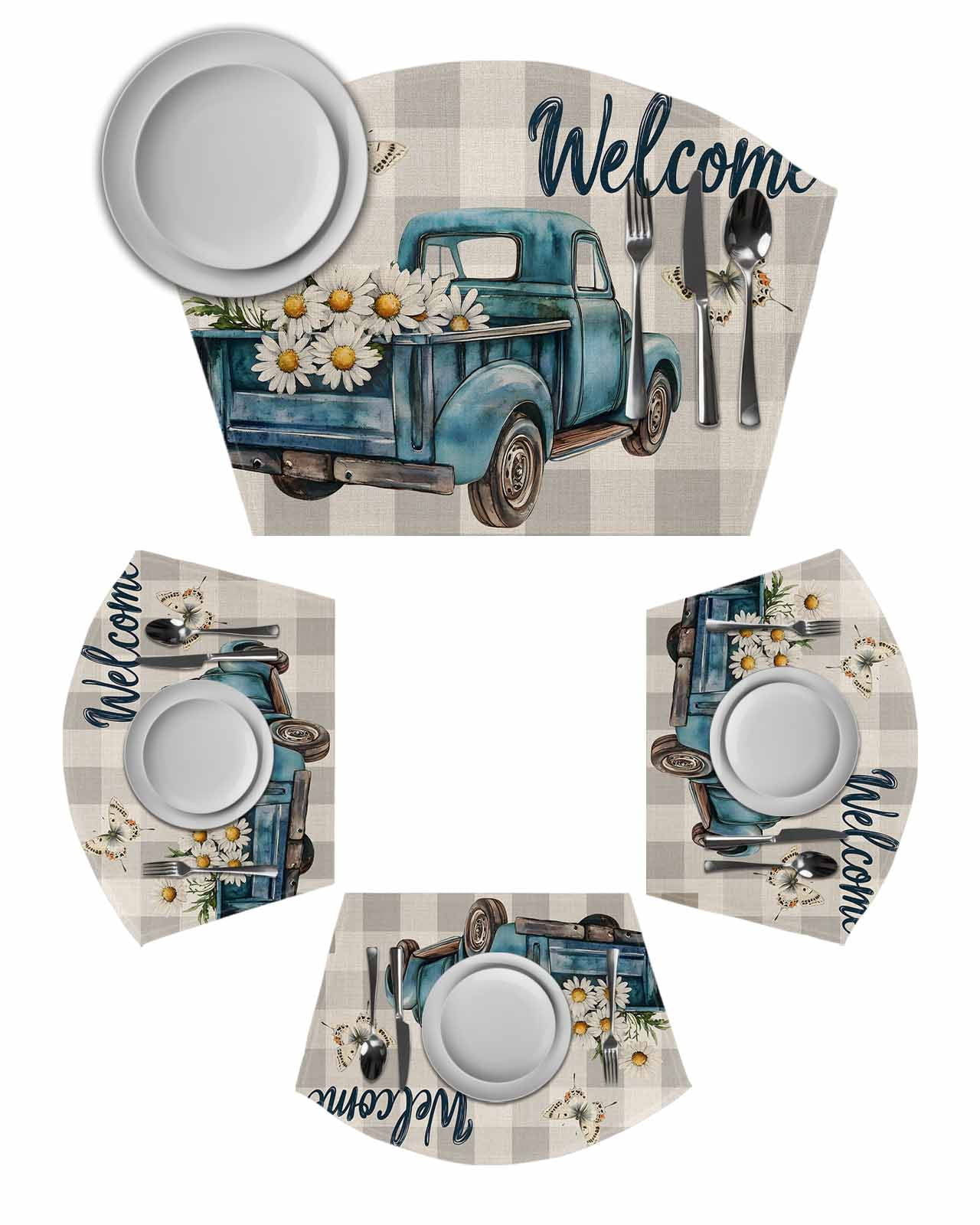 Daisy Butterfly Wedge Shaped Placemats Set of 4, Cotton Linen Fan Place ...