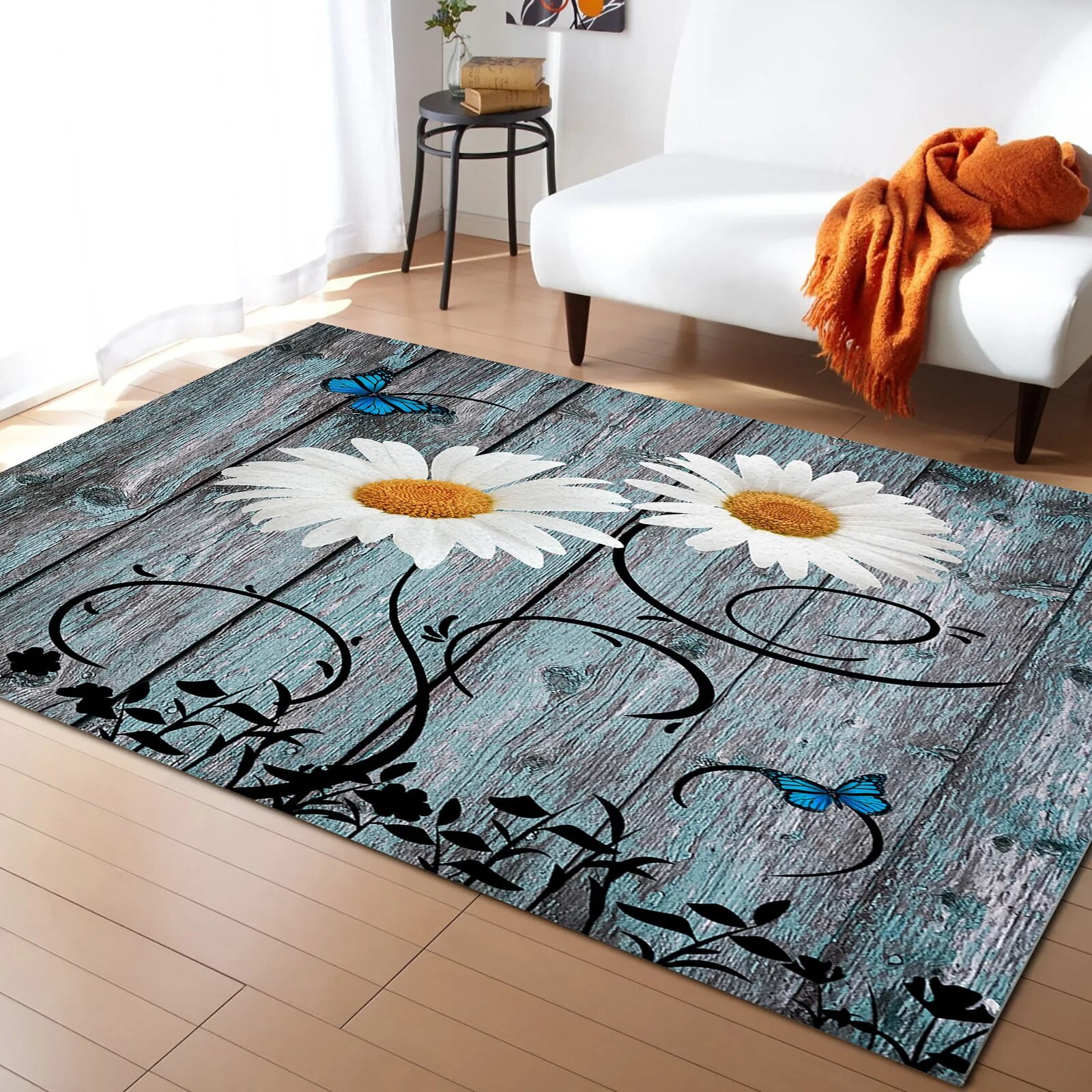 Daisy Butterfly Wood Grain Living Room Carpet Coffee Table Floor Mat ...