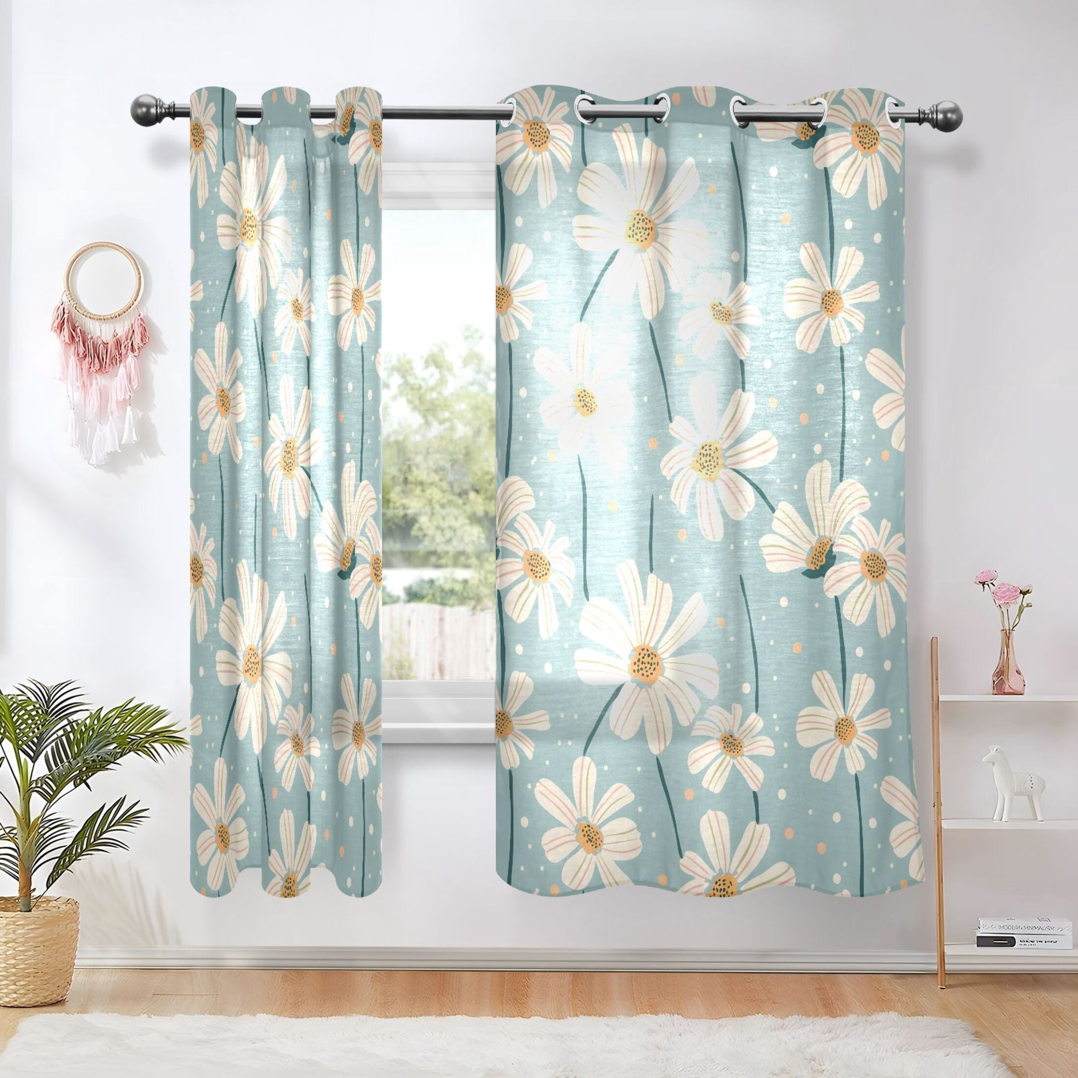 Daisy Chrysanthemum Flower Sheer Curtains 2 Panels Set Grommet Drapes ...