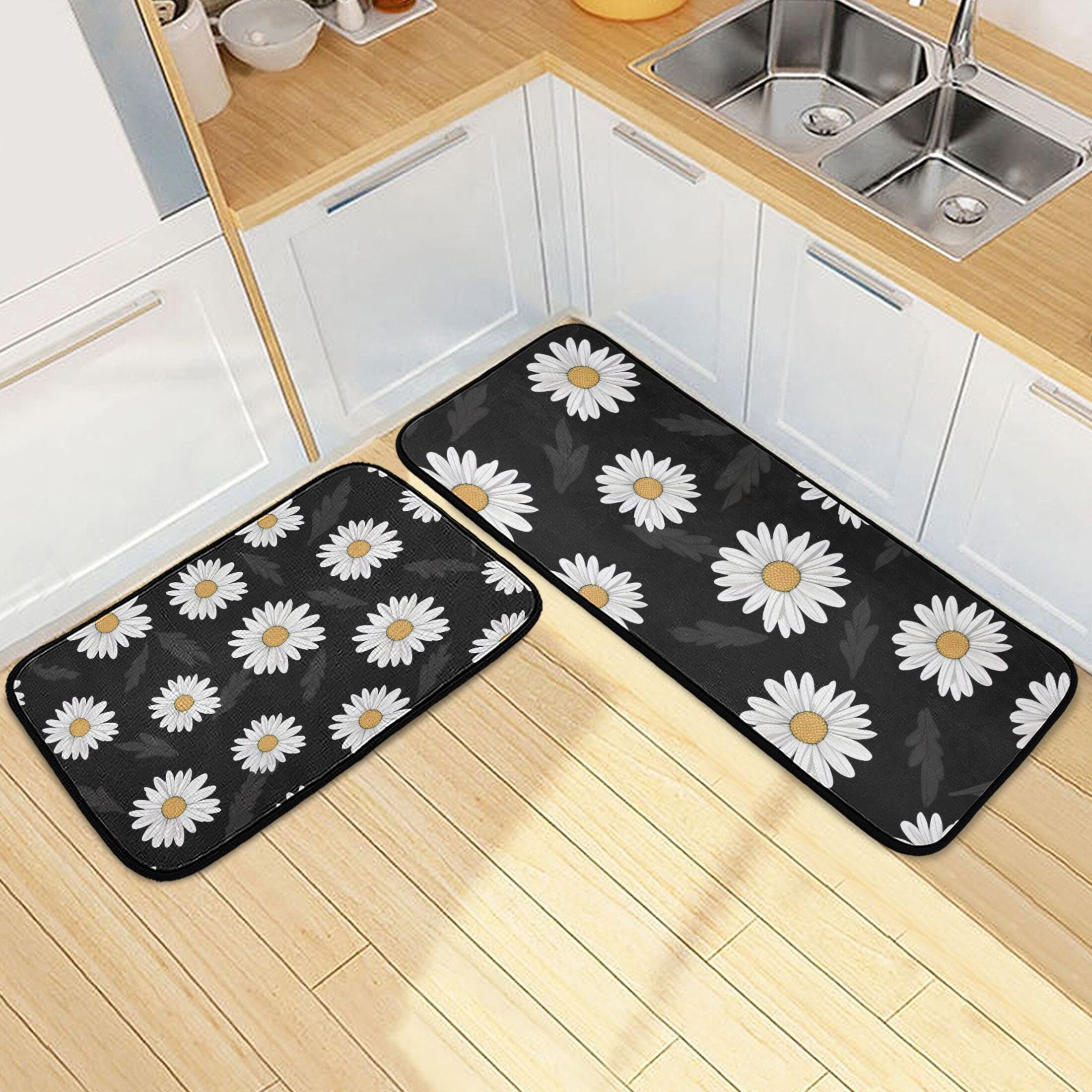 Daisy Chrysanthemum Kitchen Rugs Set of 2 Non Slip Floor Foam Mat ...