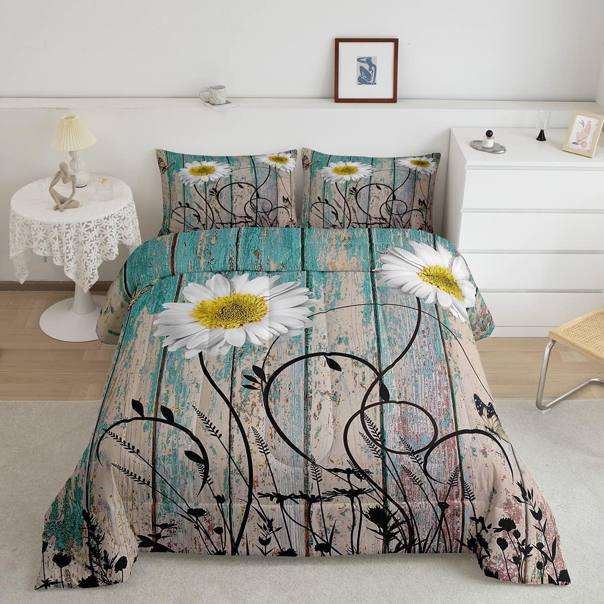 Daisy Comforter Set Full Size Rustic Down Comforter Floral Barnwood ...