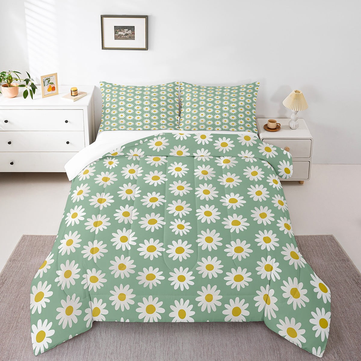 Daisy Comforter Set King Daisy Floral Green Bedding,Hippie Aesthetic ...