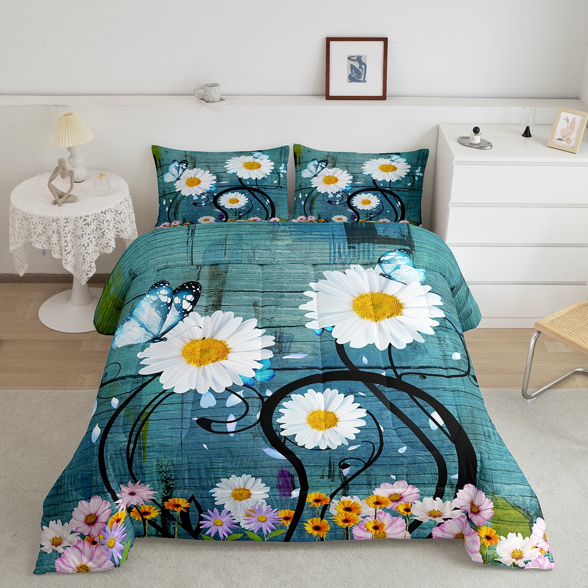 Daisy Comforter Set Teal Butterfly Kawaii Decor,Retro Wooden Planks ...