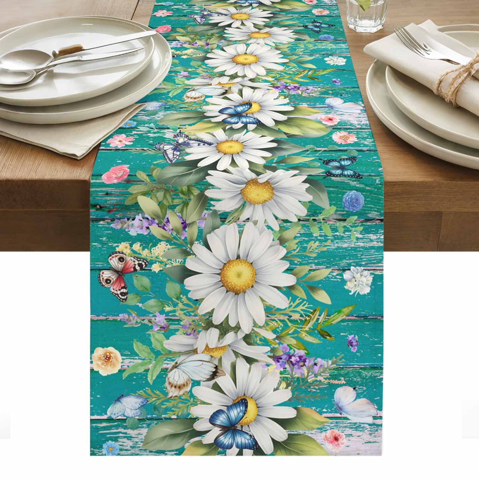 Daisy Cotton Linen Table Runner Watercolor Spring Florals Butterfly ...