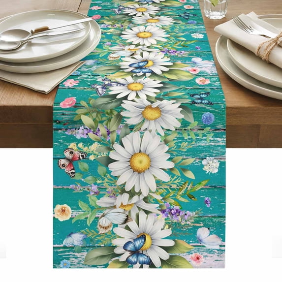Daisy Cotton Linen Table Runner Watercolor Spring Florals Butterfly ...