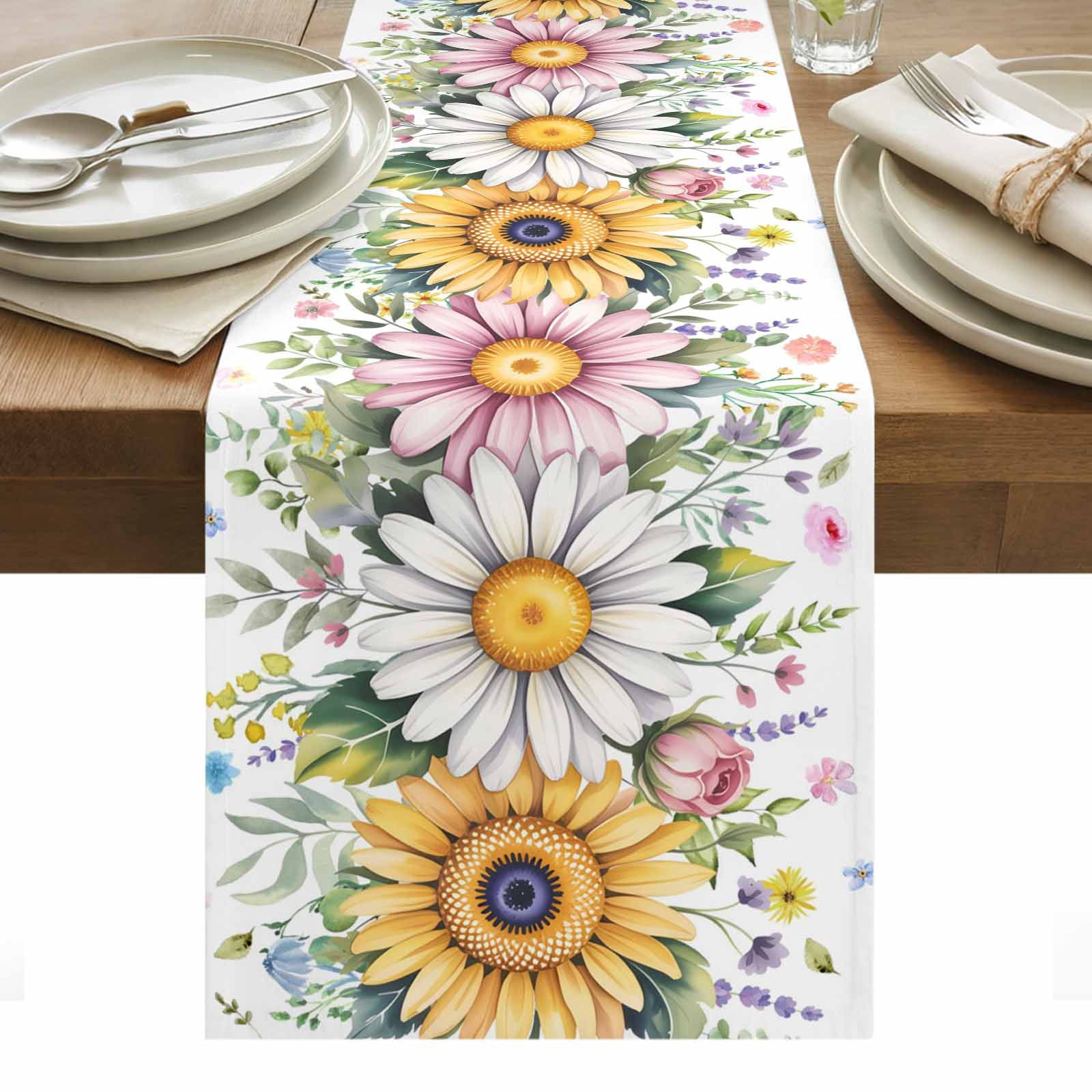 Daisy Cotton Linen Table Runner Watercolor Spring Pink White Yellow ...