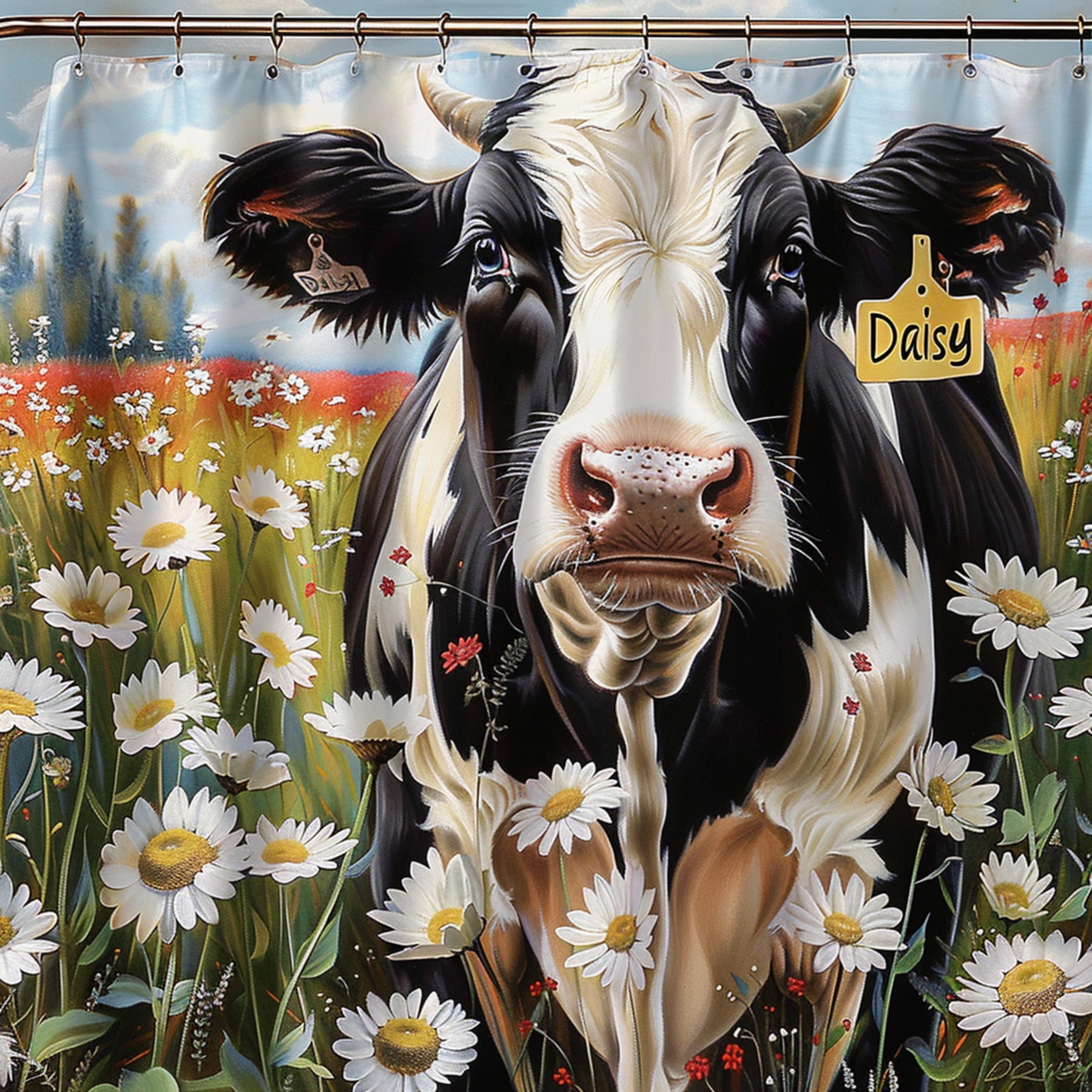 Daisy Cow Oil Painting Bathroom Curtain Farm Life Theme with Spring ...