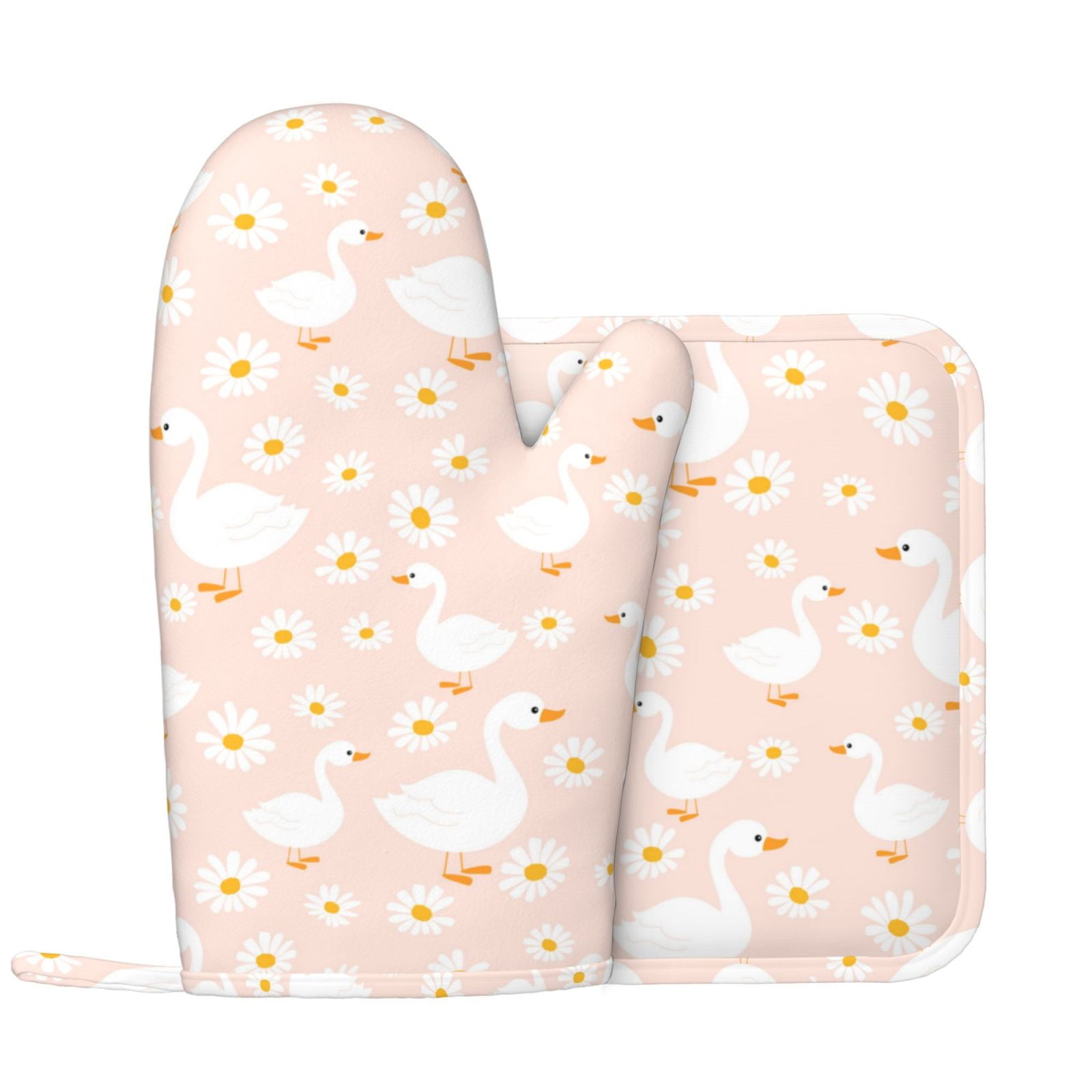 Daisy Cute Duck Pink Oven Mitts and Pot Holders Sets with 1 Non-Slip ...