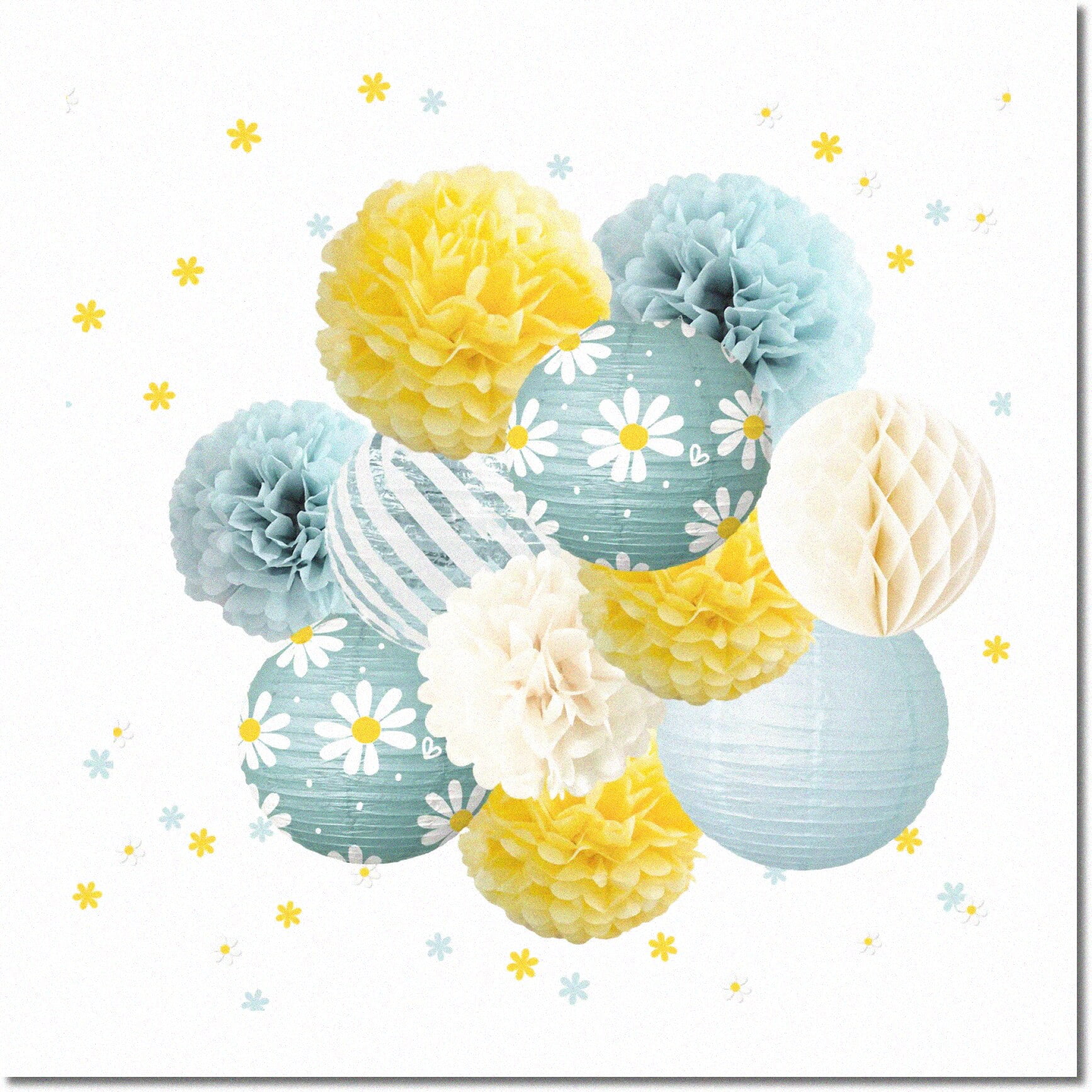 Daisy Delight Party Pack: 12 Yellow Blue Paper Lanterns, Tissue Pom ...