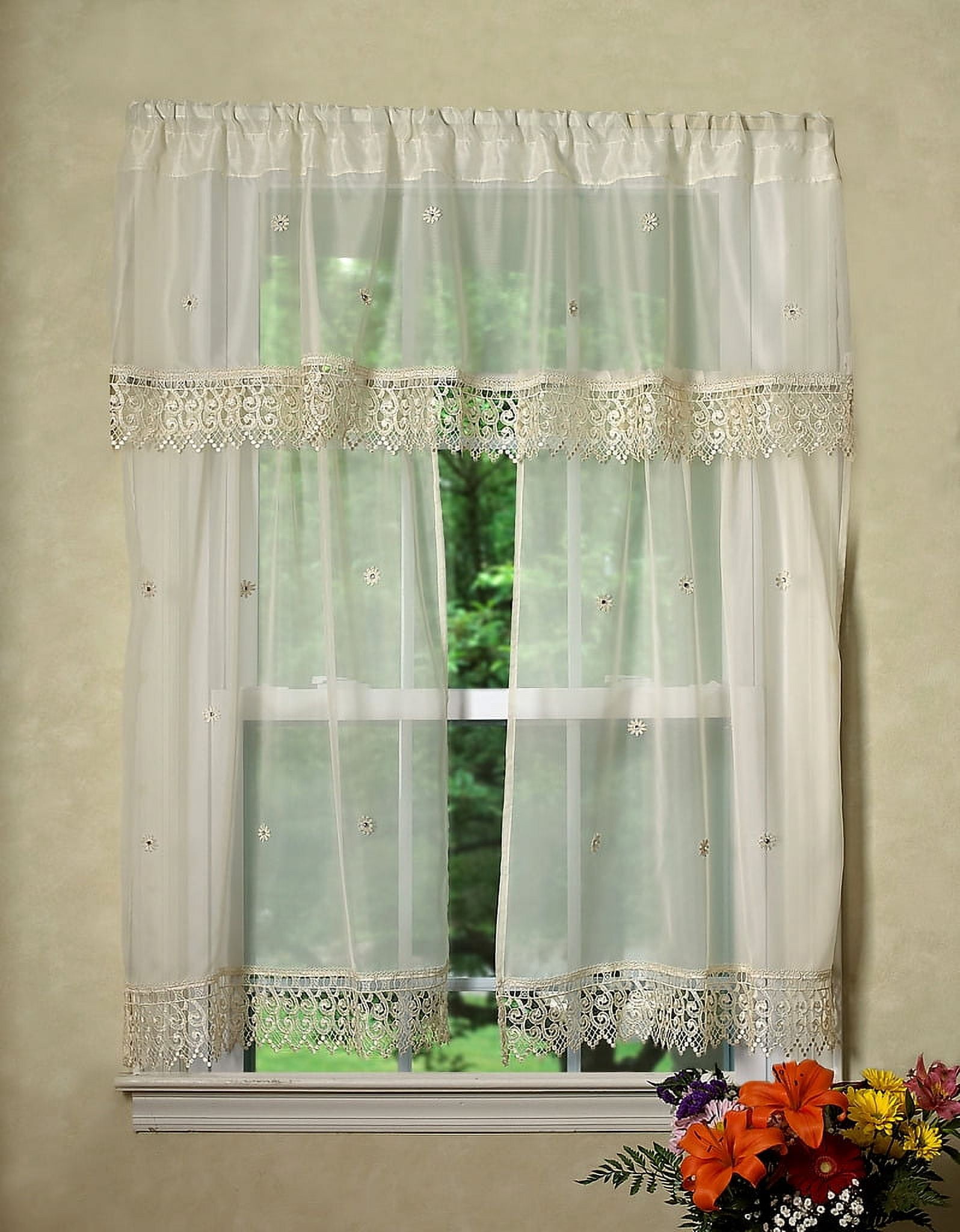Daisy Design Sheer 3pc Kitchen Curtain Set 18"X60" Valance + 2pcs 30 ...