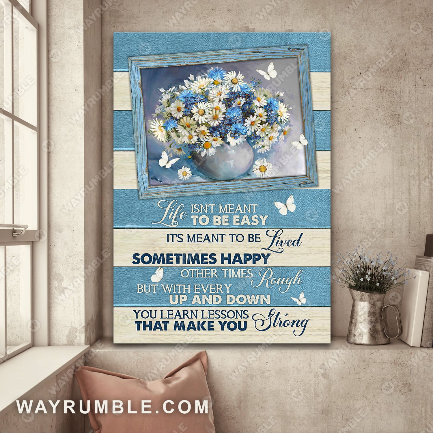 Daisy Drawing, Blue Background, White Butterfly, Life Isn'T Meant To Be ...