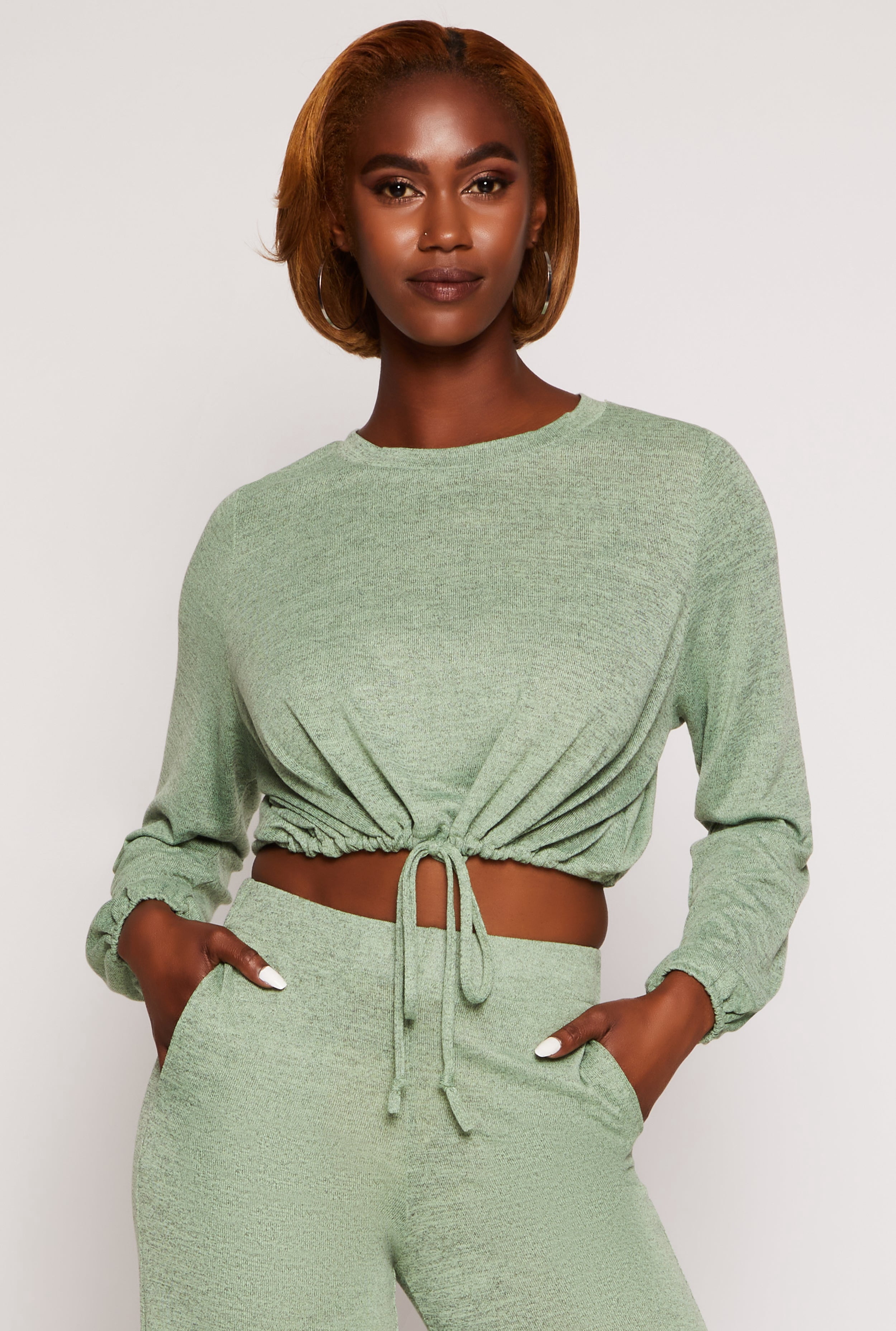 Womens Daisy Drawstring Hem Long Sleeve Crop Top - Walmart.com