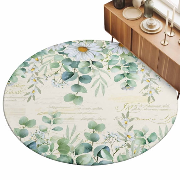 Daisy Eucalyptus Leaf 4ft Non Slip Round Area Rug Summer Flower Vintage ...