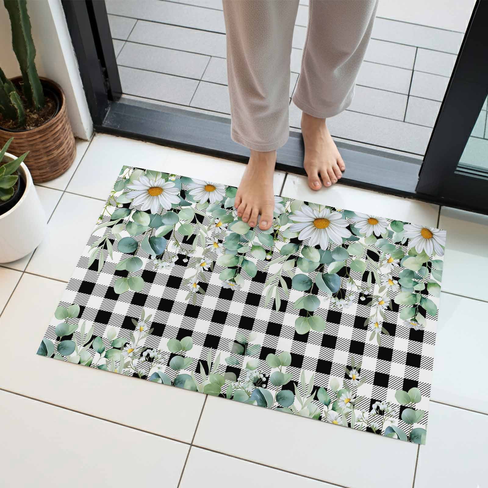Daisy Eucalyptus Leaf Indoor Door Mat 16x24 Inch Summer Flower Black ...