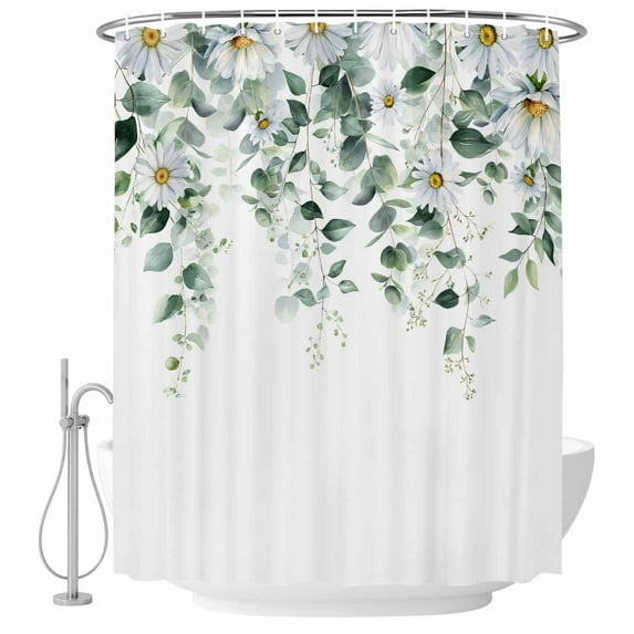 Daisy Eucalyptus Leaf Shower Curtain, 72" x 72", Farmhouses Watercolor ...