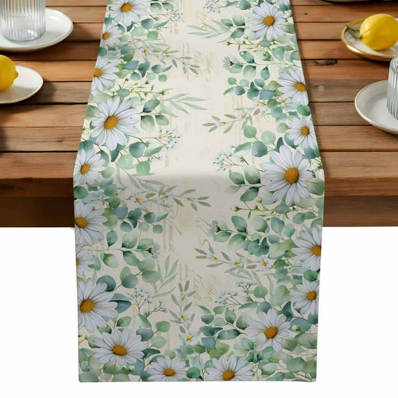 Daisy Eucalyptus Leaf Table Runner, Summer Flower Vintage Countryside Washable Kitchen Table ...