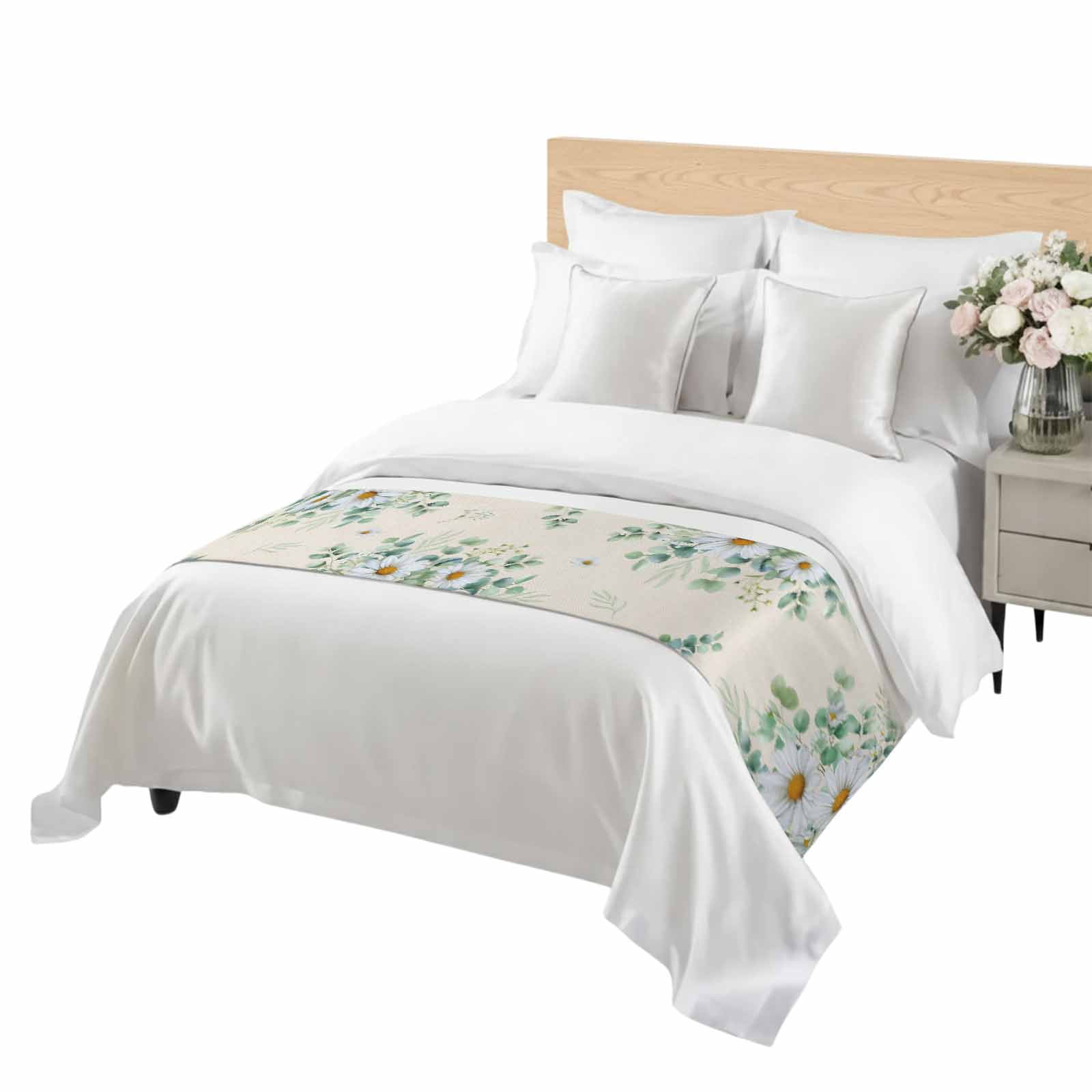 Daisy Eucalyptus Leaves Bed Runner Cal King Size Floral Spring Linen ...