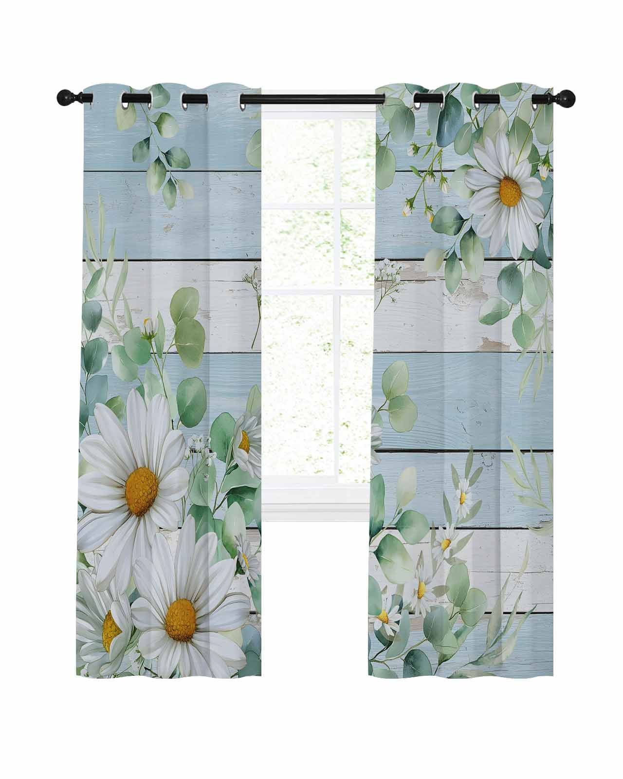 Daisy Eucalyptus Leaves Blackout Curtains for Bedroom Living Room, Blue ...