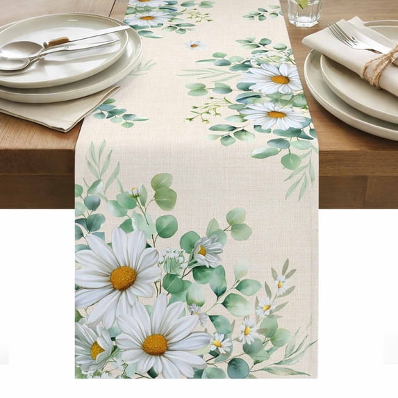 Daisy Eucalyptus Leaves Cotton Linen Table Runner Floral Spring Linen ...
