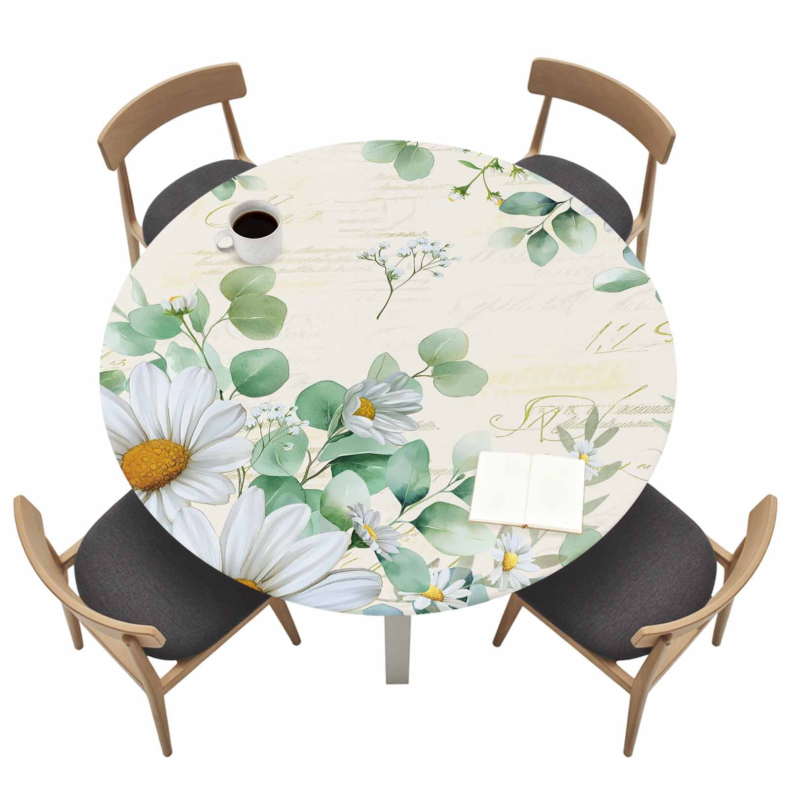 Daisy Eucalyptus Leaves Round Fitted Tablecloth with Elastic Edge ...