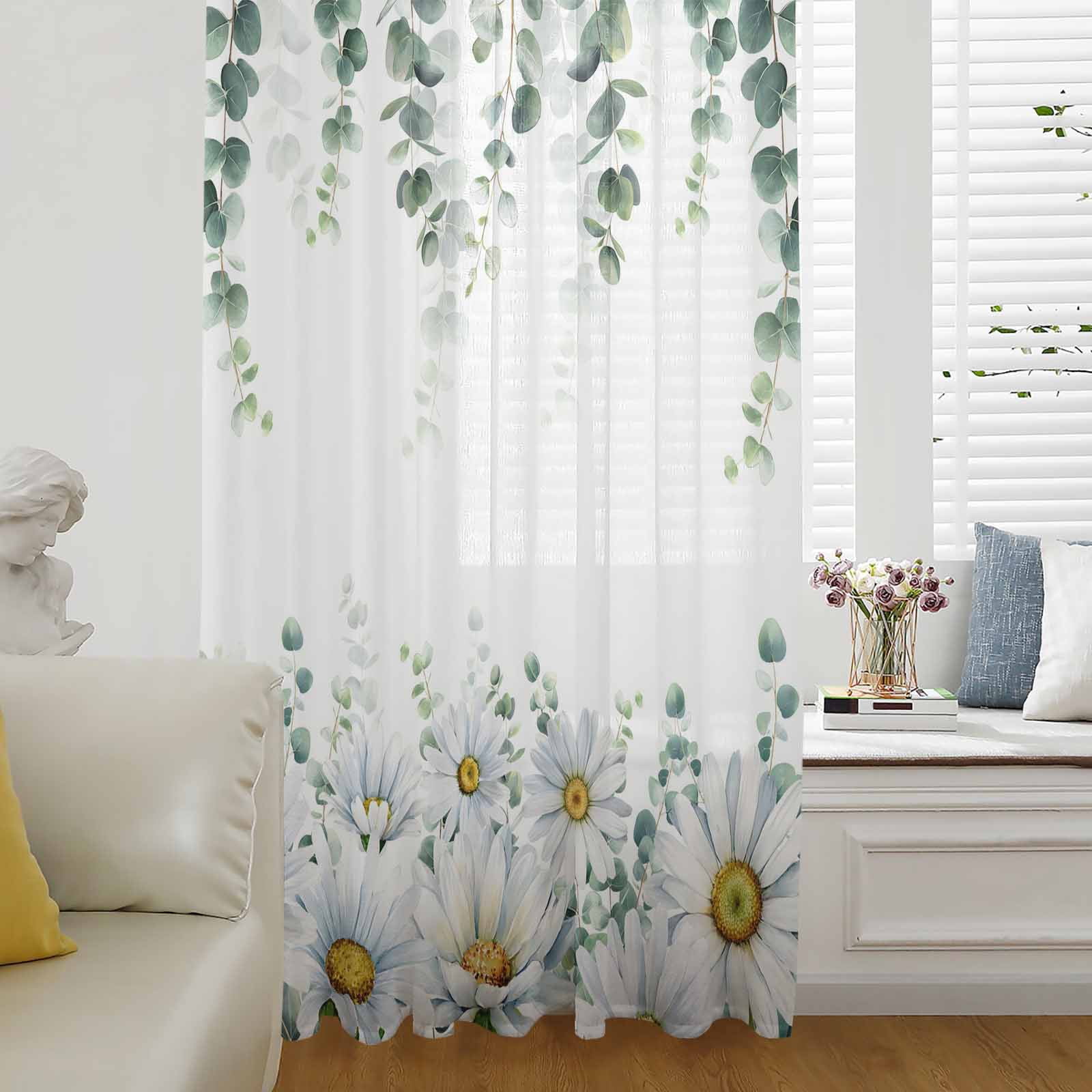 Daisy Eucalyptus Leaves Semi Sheer Curtains Drapes for Living Room ...