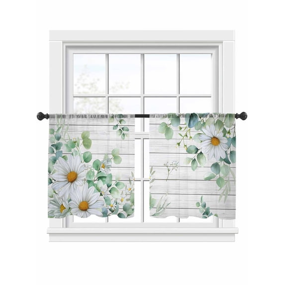 Daisy Eucalyptus Leaves Sheer Curtains 2 Panels Set Floral Spring White ...