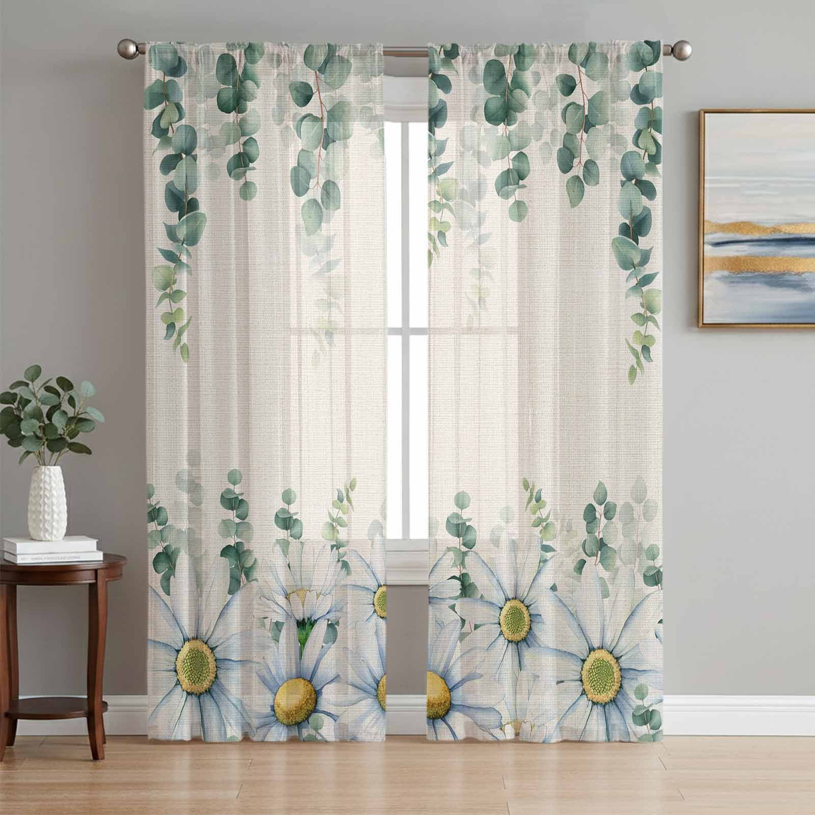 Daisy Eucalyptus Leaves Sheer Curtains 96 Inch Length 2 Panels Set ...