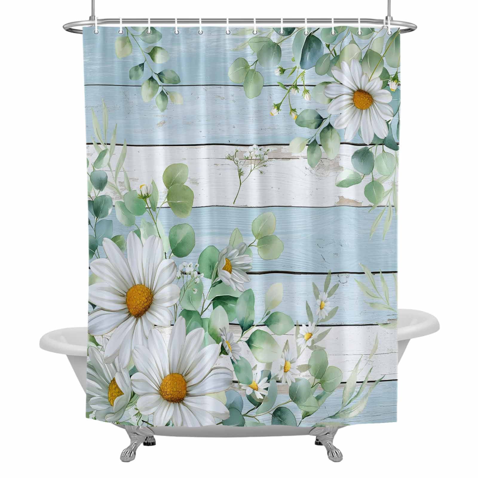 Daisy Eucalyptus Leaves Shower Curtain for Bathroom, Blue Wood Grain ...