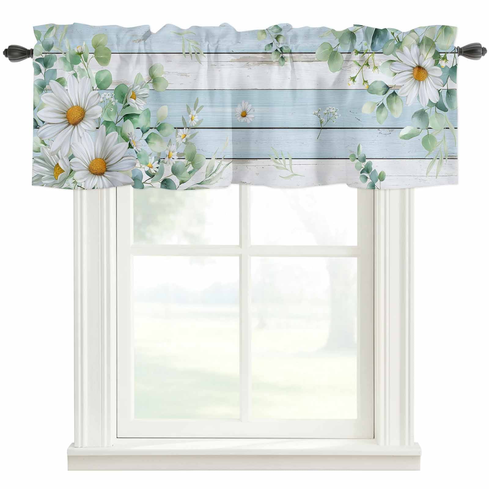 Daisy Eucalyptus Leaves Valances for Windows Blue Wood Grain Spring ...