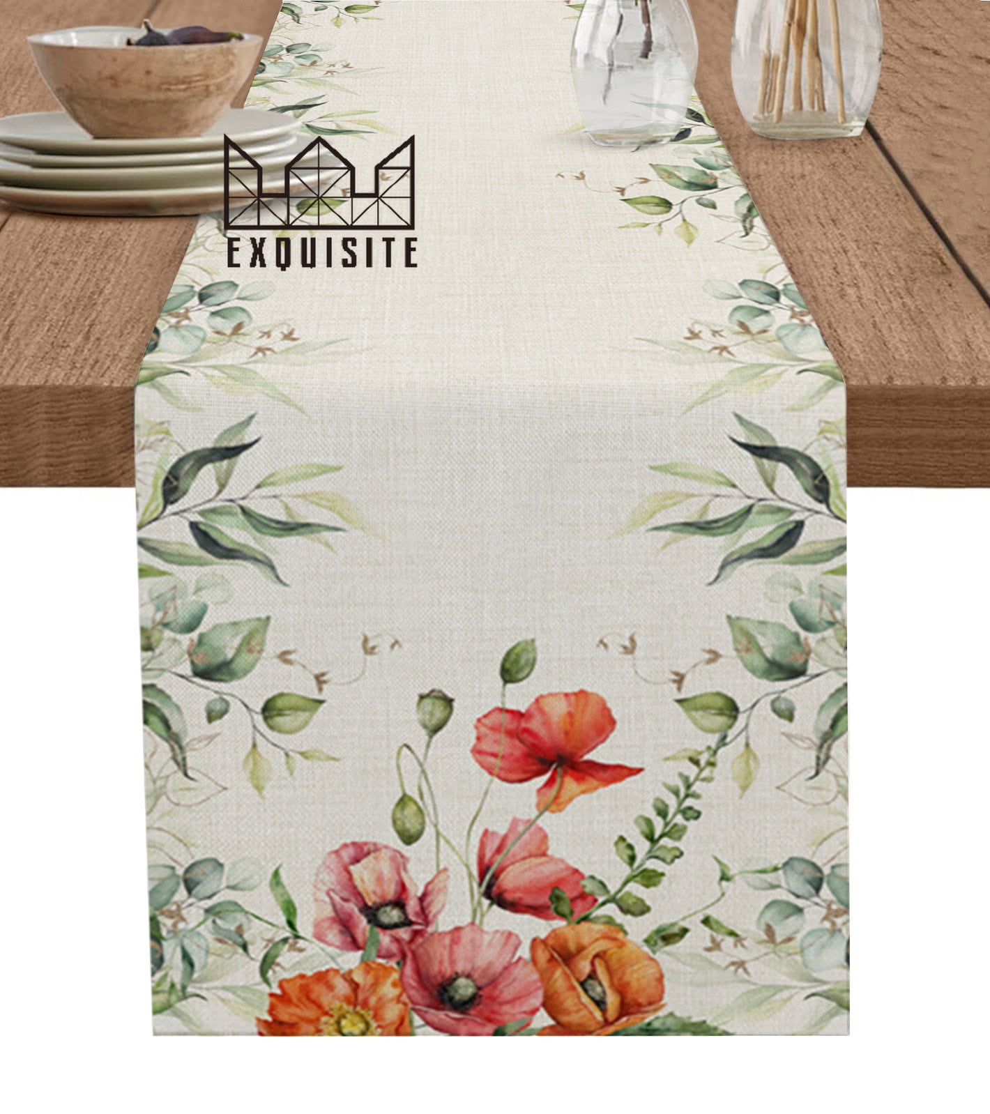 Daisy Eucalyptus Poppy Flowers Table Runner Wedding Party Dining Table ...