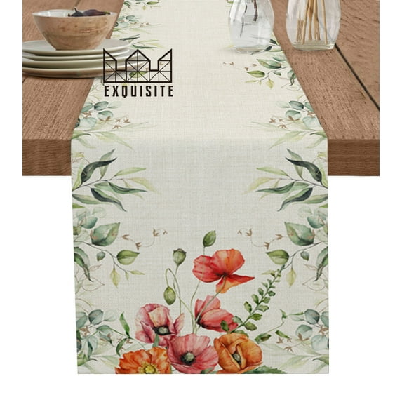 Daisy Eucalyptus Poppy Flowers Table Runner Wedding Party Dining Table ...