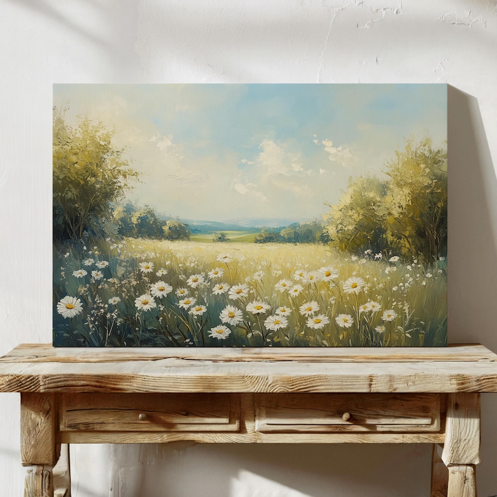 Daisy Field Art Vintage Landscape Wall Decor Rustic Floral Painting ...
