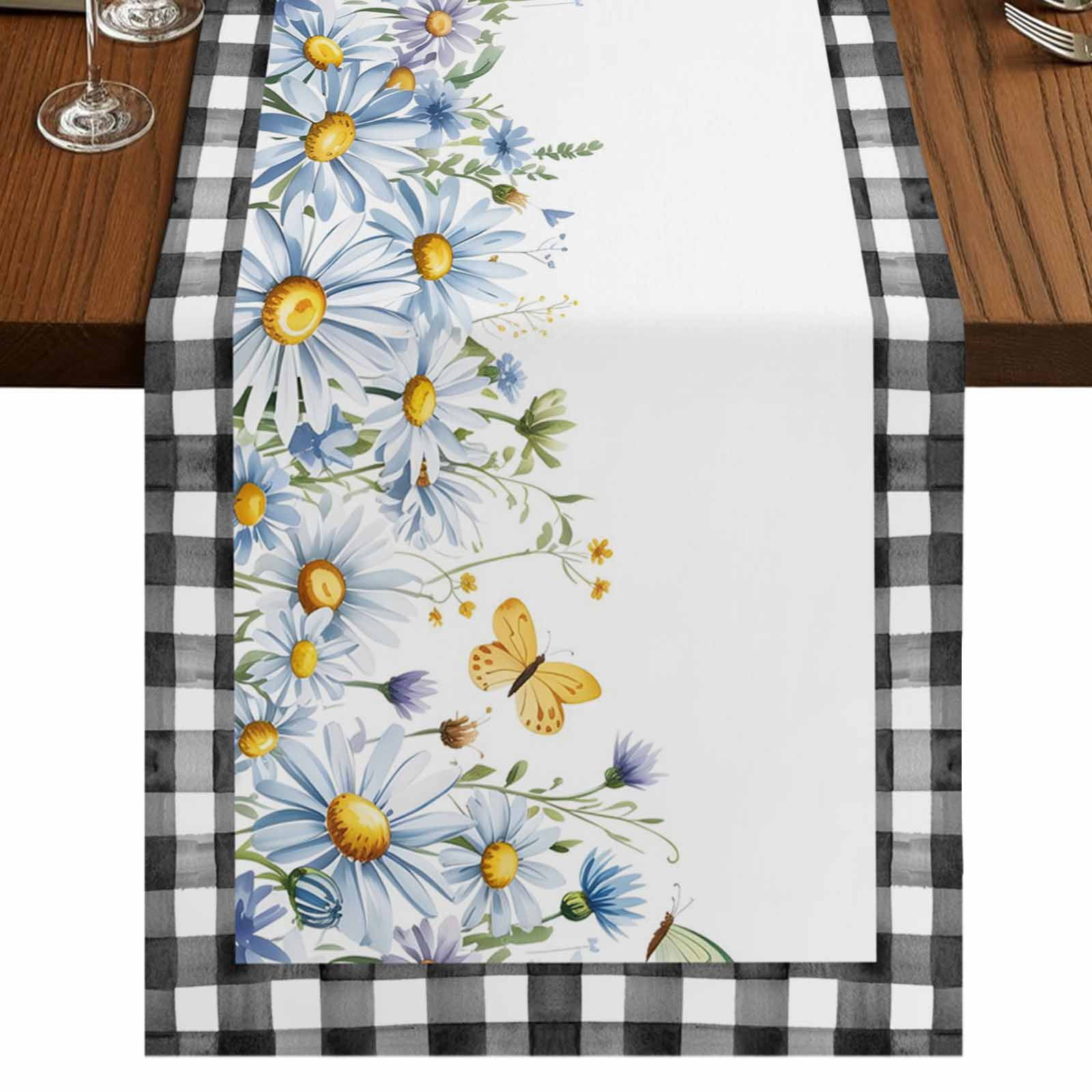 Daisy Floral 48 Inch Table Runner, Spring Country Flower Butterflies ...