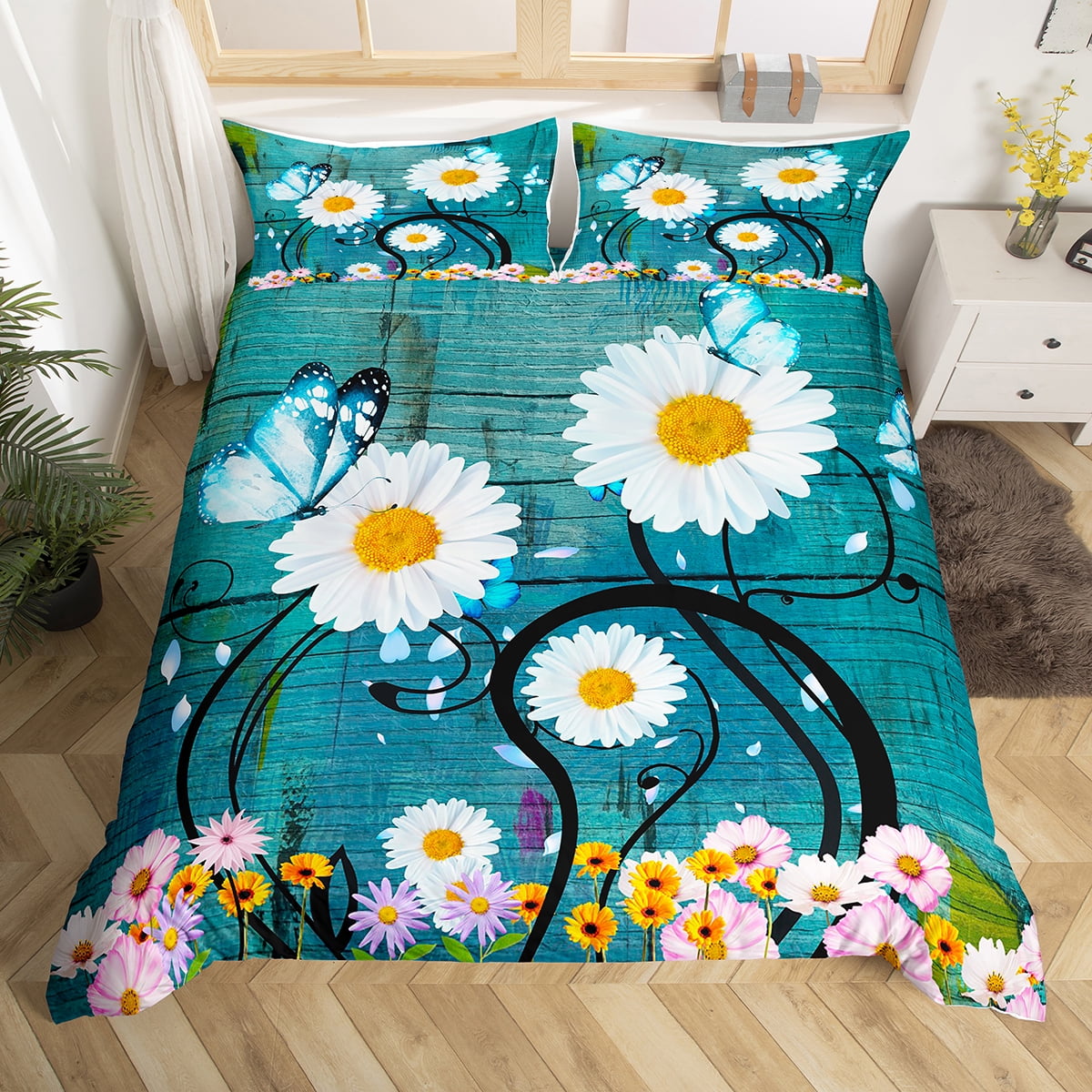 Daisy Floral Bedding Set Queen Butterfly Decor,Rustic Home Decor Farm ...