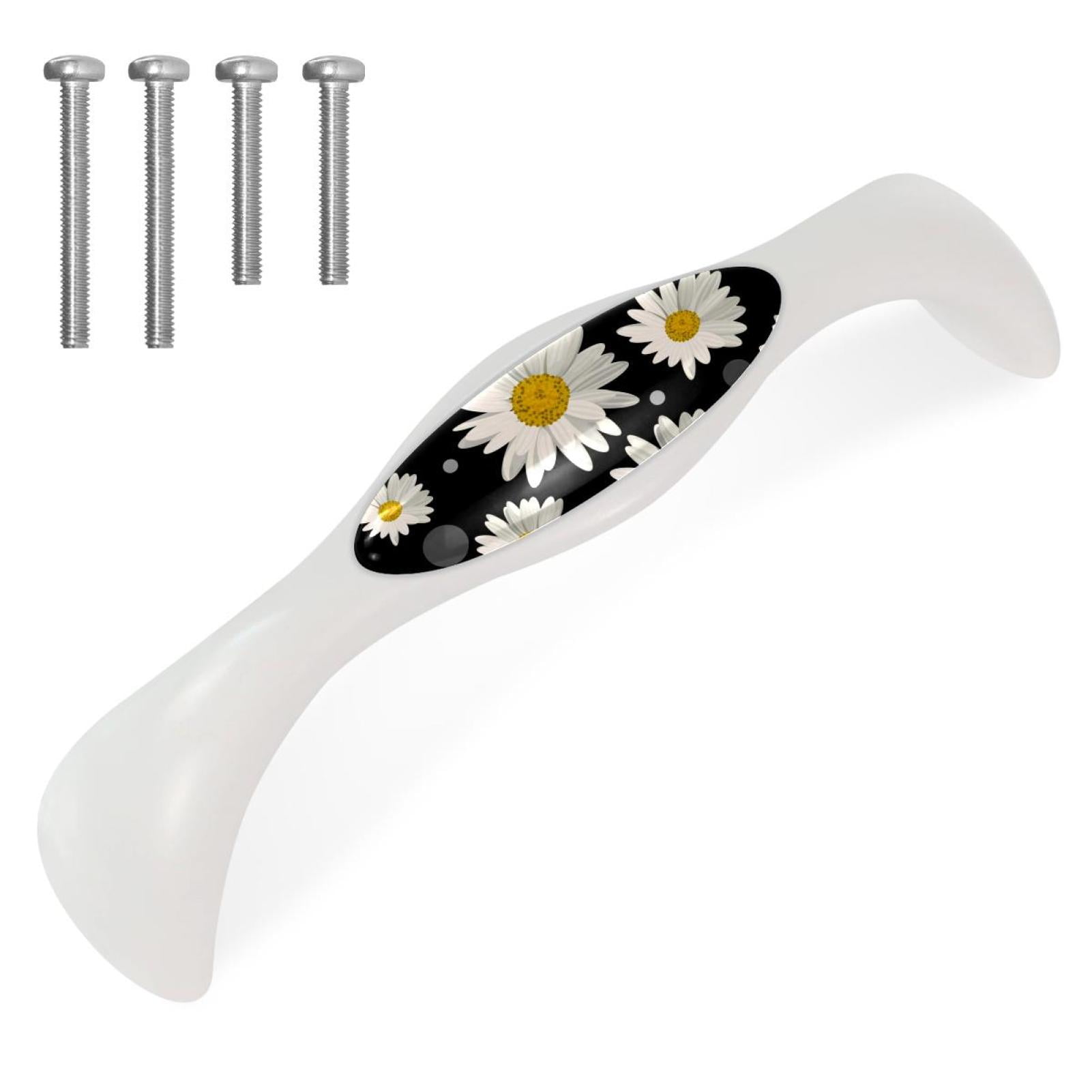 Daisy Floral Black Knob 4 Pack Arched Drawer Pulls Crystal Glass White ...