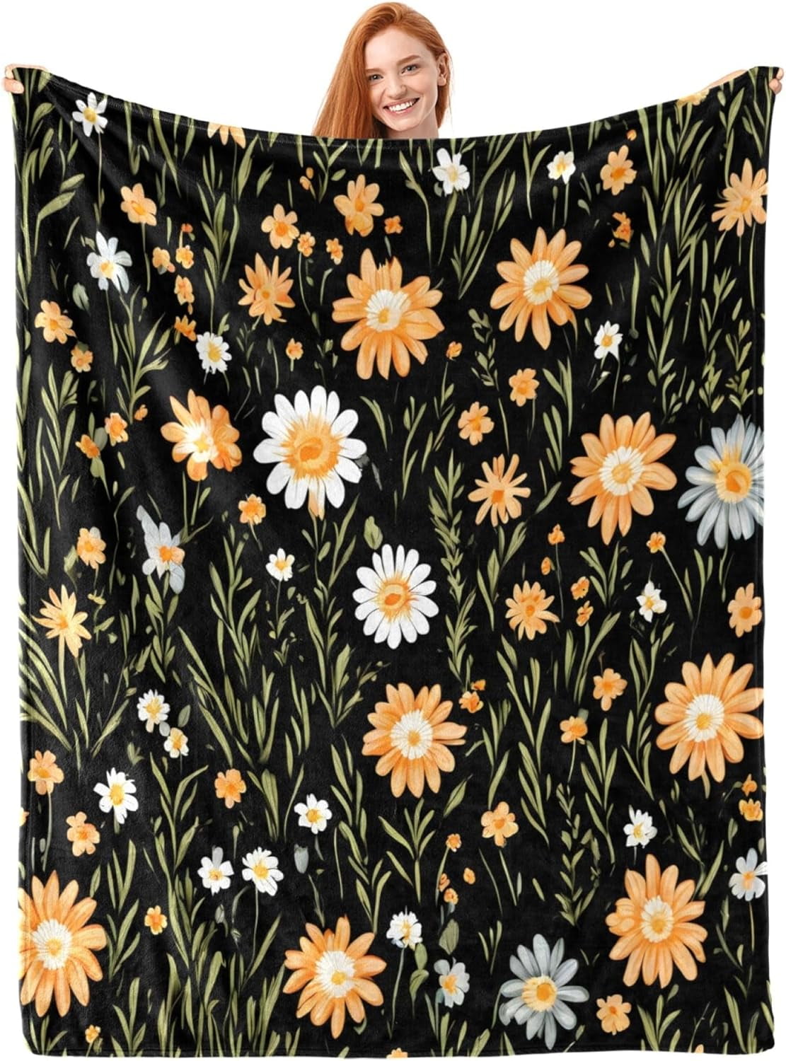 Daisy Floral Black Yellow Flannel Polyester Throw Blanket In Women Girl ...